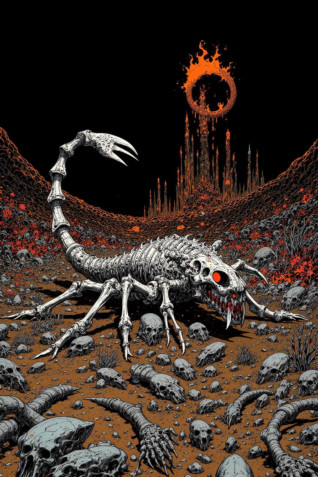 It depicts the skeleton of a scorpion, in a dark desert、It's in a ...