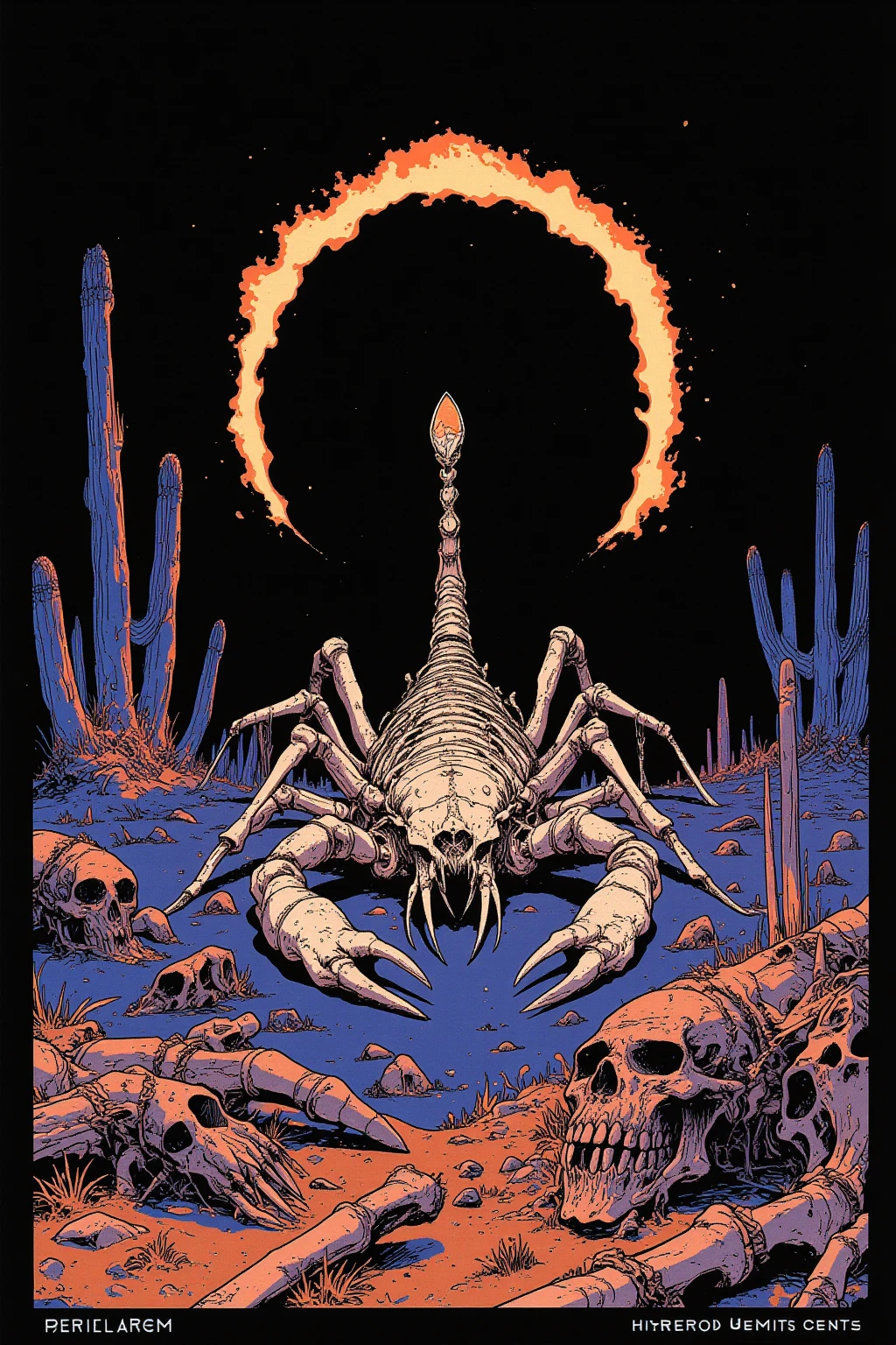 It depicts the skeleton of a scorpion, in a dark desert、It's in a ...