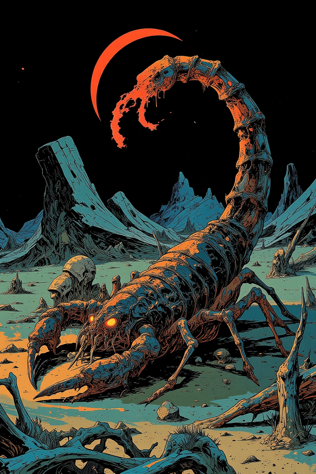 It depicts the skeleton of a scorpion, in a dark desert、It's in a ...
