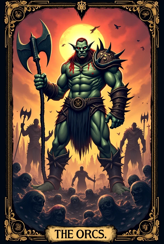 A dark fantasy tarot card illustration of the Orc race. A towering orc ...