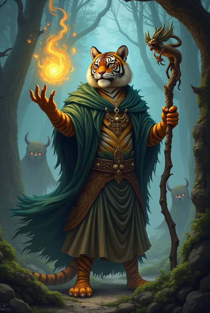 "Mystical anthropomorphic tiger wizard, casting a glowing spell in the ...