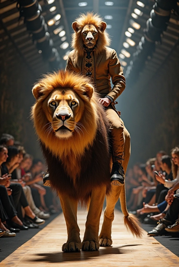 A in lion clothing the riding the lion in the same fashion show - SeaArt AI