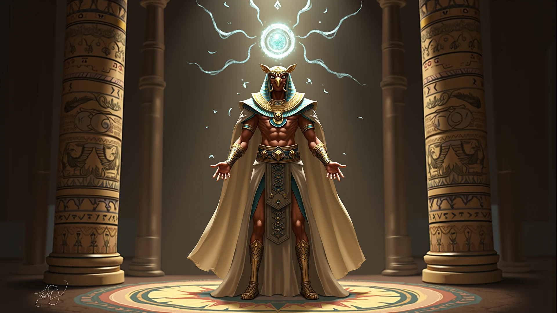 A temple guardian with a falcon helm filtering glyph-thoughts with a ...