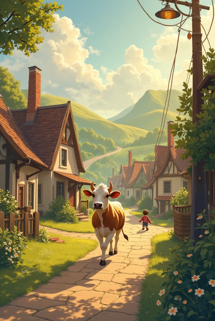 "A serene village morning with soft sunlight, Laila the cow slowly ...
