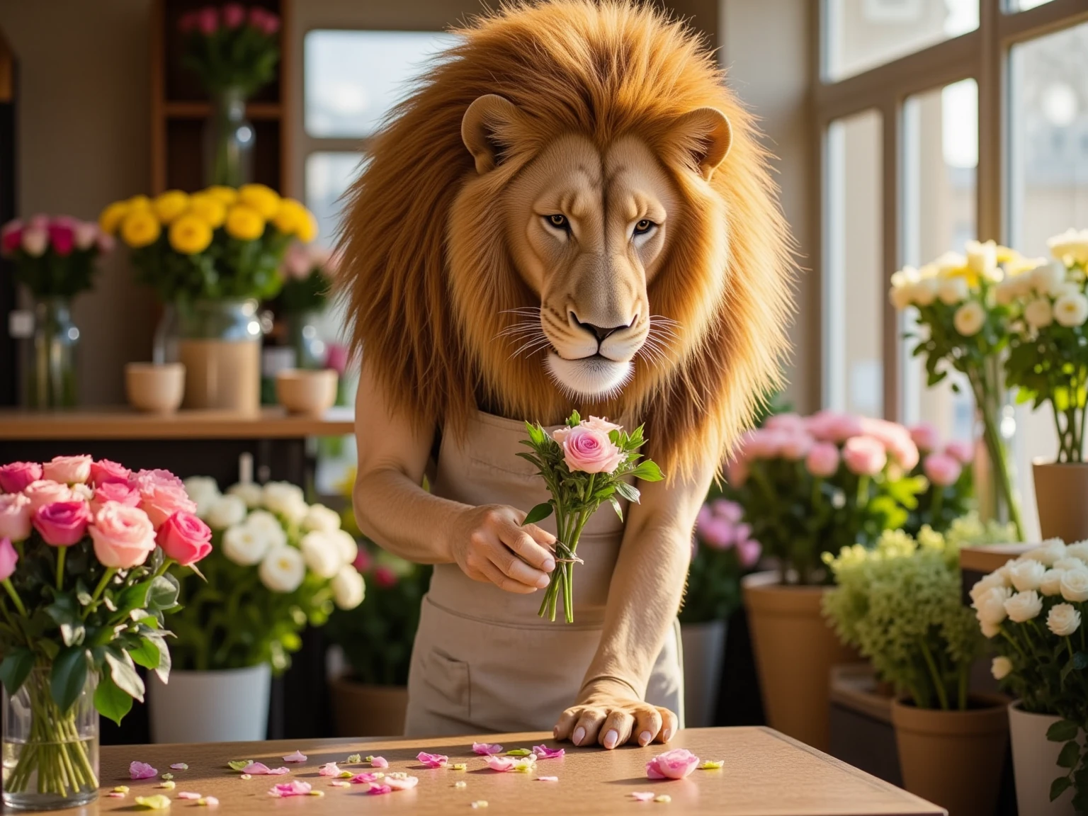 A majestic male lion working as a florist, standing upright on two legs ...