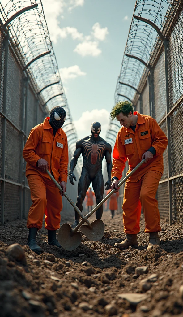 "A photorealistic prison yard surrounded by high fences topped with ...