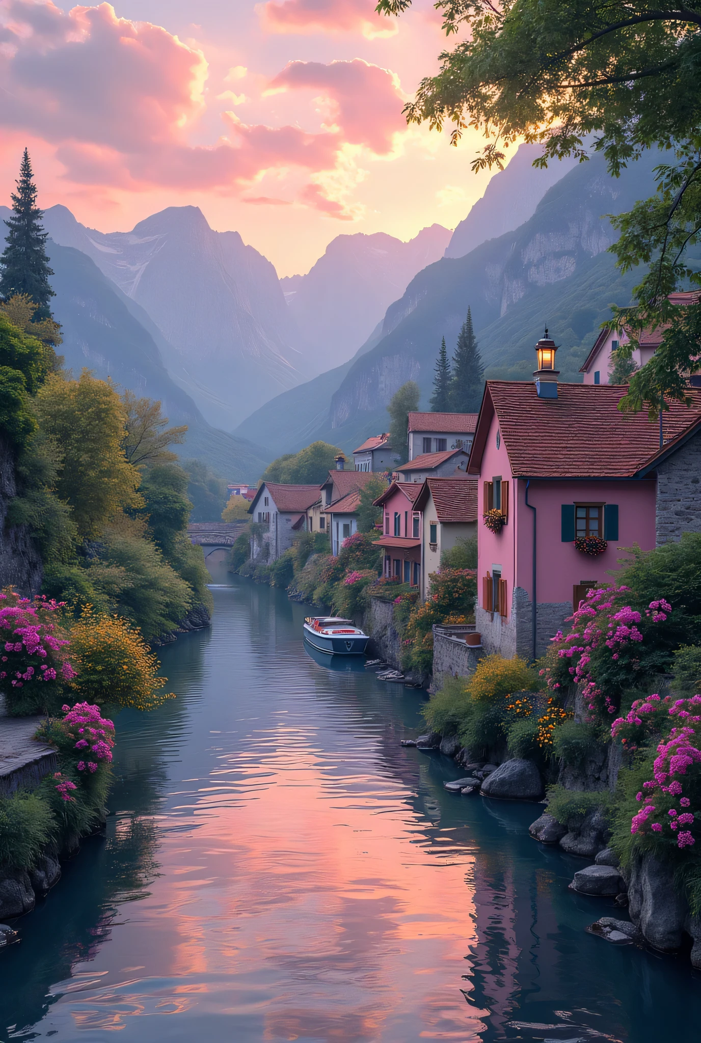 A small village by the river, mountains in the background, floral ...