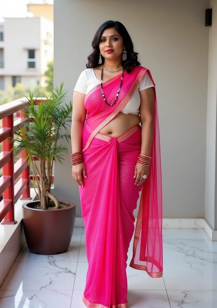 A Indian woman with a curvy figure , wearing a glittery hot pink saree ...