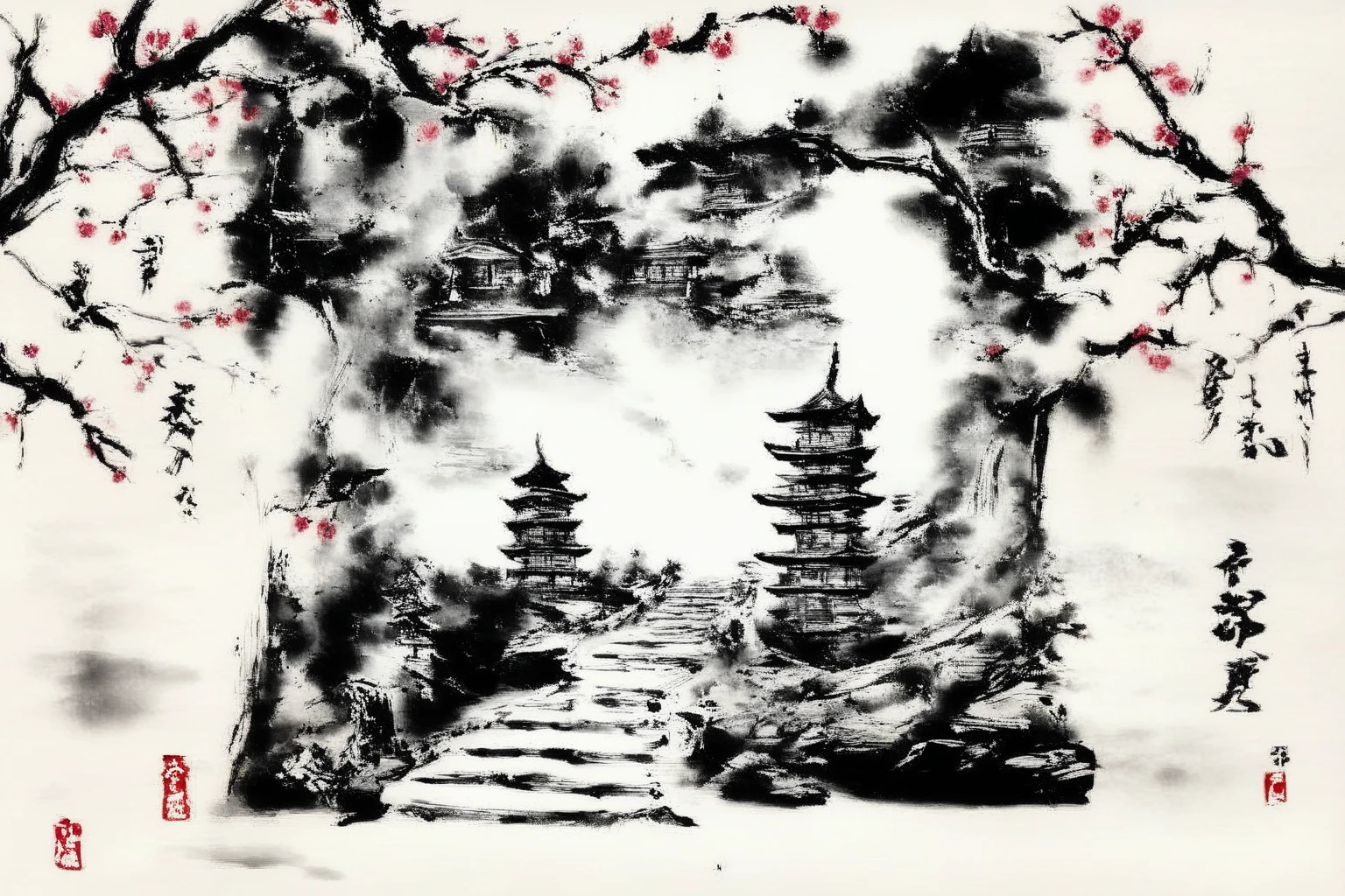 A serene ink wash painting of an ancient Japanese temple surrounded by ...
