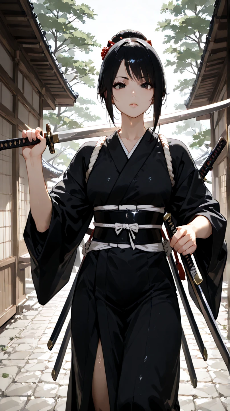 Female swordsmen carry swords、 wearing a black kimono. - SeaArt AI