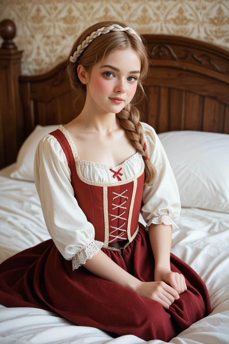 A young blushing, petite, small-breasted brown-haired woman。she sits on ...