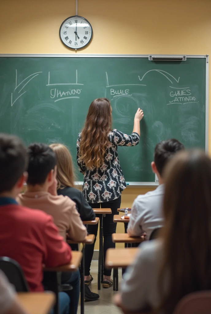 Classroom, with a teacher in the middle writing on the pizzarón - SeaArt AI
