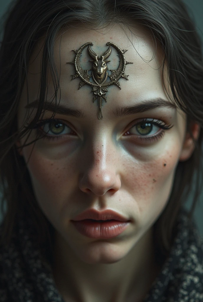 Close woman face sad with detailed virgo zodiac sign on her forehead ...