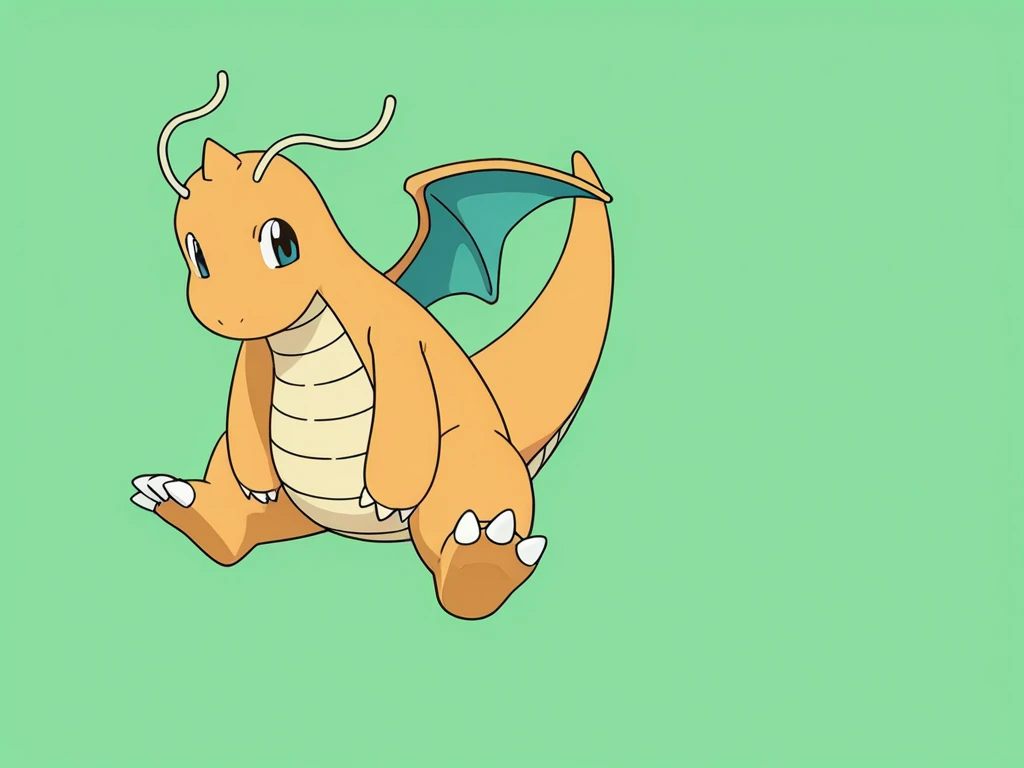 Dragonite . Green background. 3-toes feet. Sitting. Flying. Stretching ...