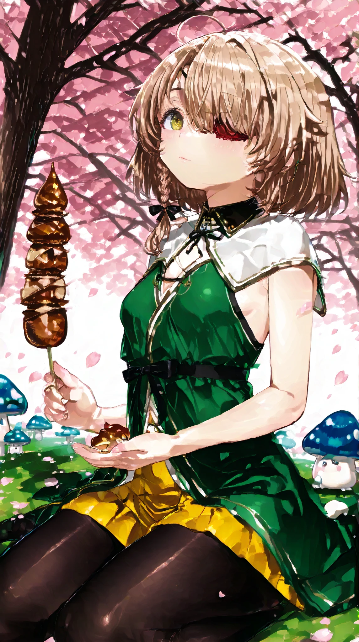 A petite anime girl with light brown hair in a side braid and a large ...