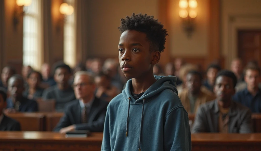A close-up shot in the courtroom of an African American boy, Malik ...