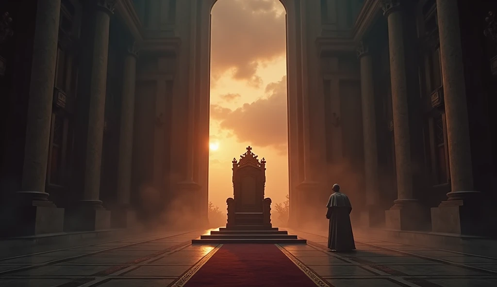 A hyperrealistic, cinematic scene of a grand, empty papal throne in the ...