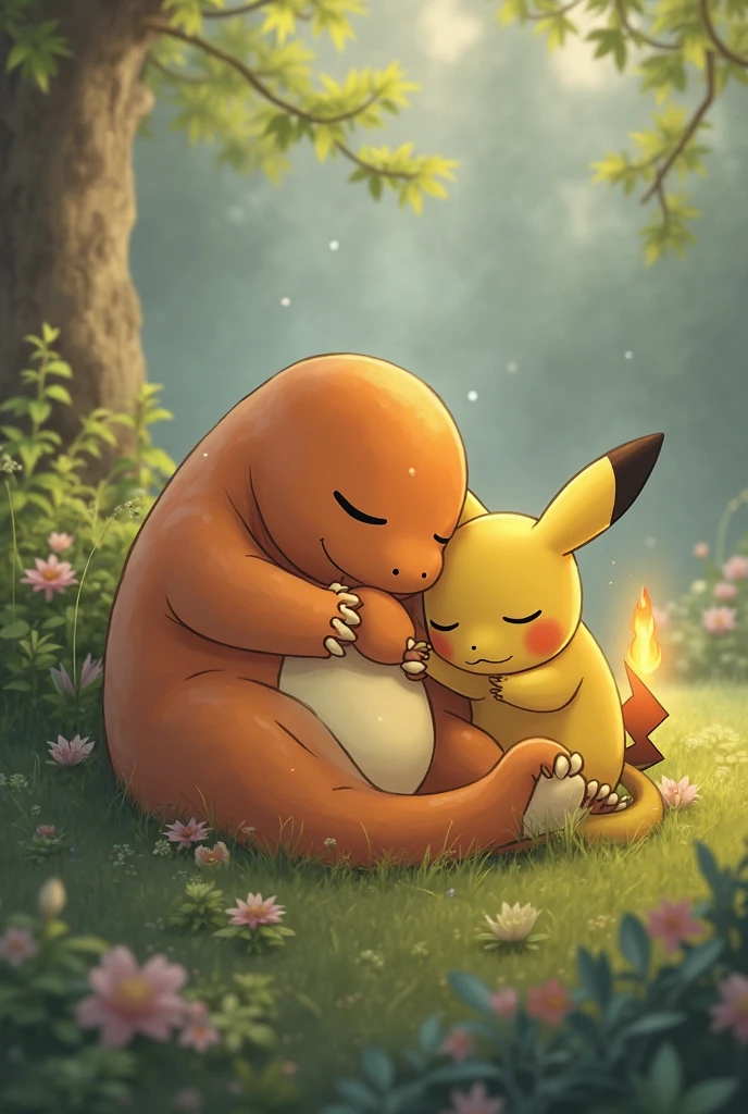 Sleeping Charmander hugging Pikachu - SeaArt AI