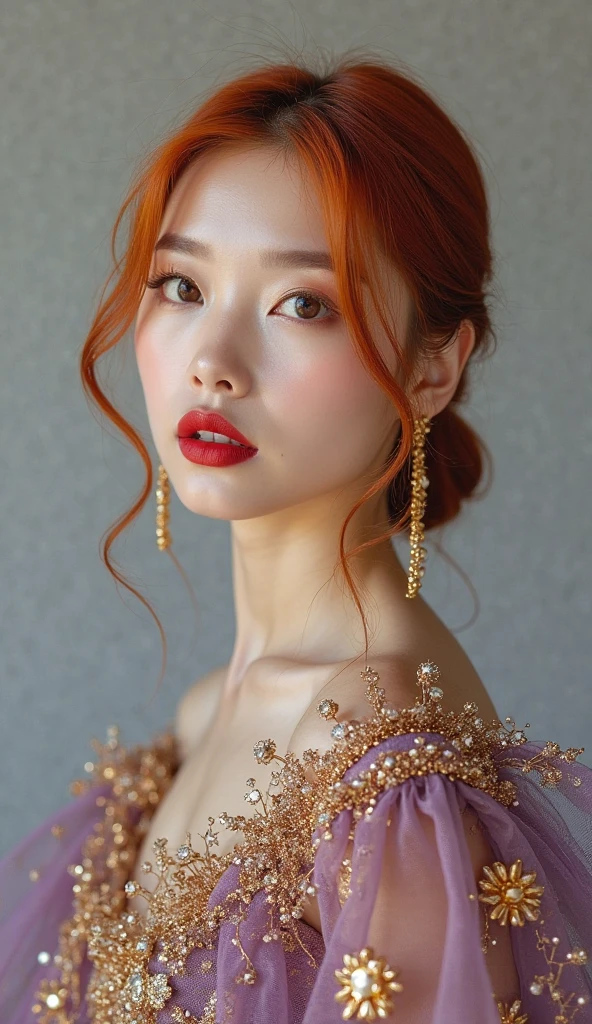 A young korean woman , honey eyes, with a flawless makeup and sleek ...