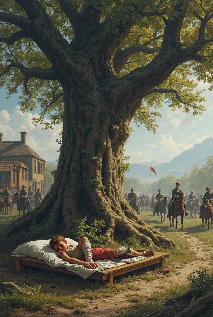 There is a huge tree under which a cot is lying. A boy is sleeping with ...