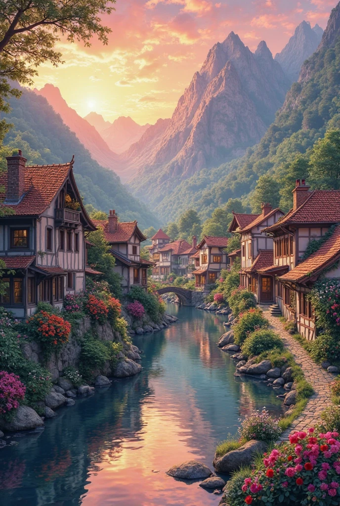 Small village by the river, mountains behind, colorful flowers - SeaArt AI