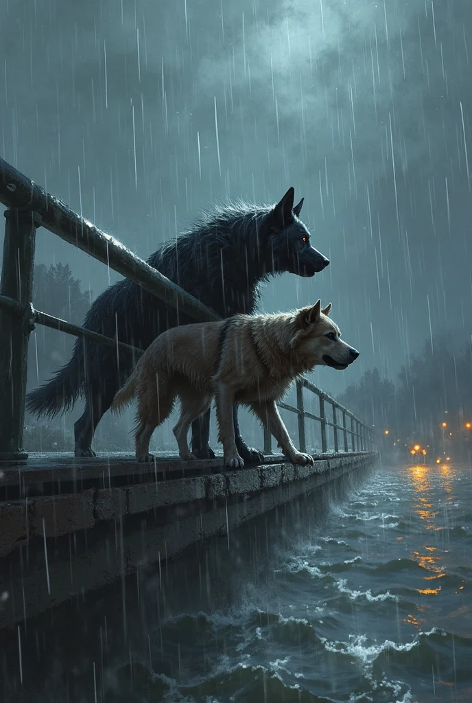 A mysterious dog stops another dog from jumping off a bridge - SeaArt AI