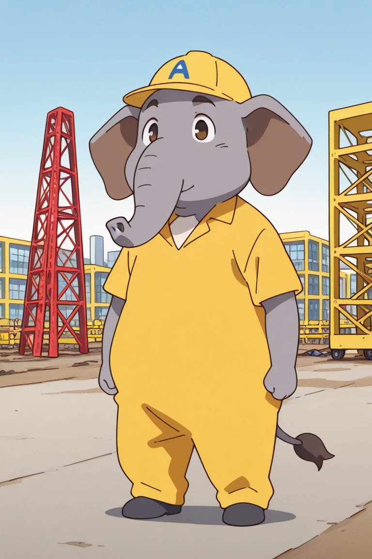 Male, furry (an elephant), a construction foreman, stands with drawings ...