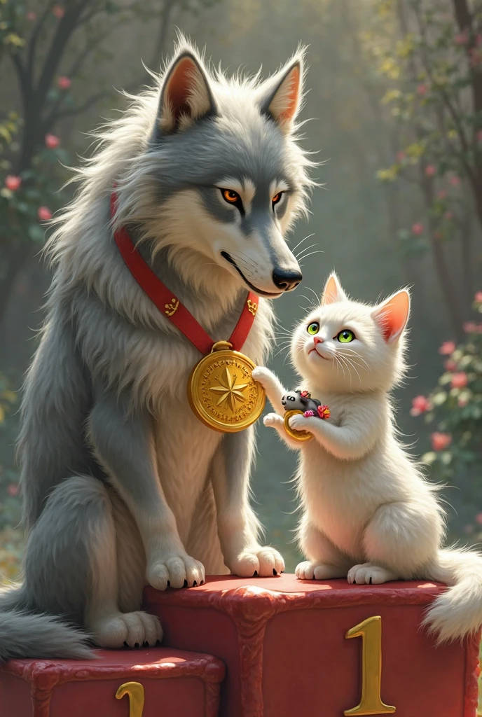 Un loup qui remet une médaille d'or à un joli chat angora gris sur un ...