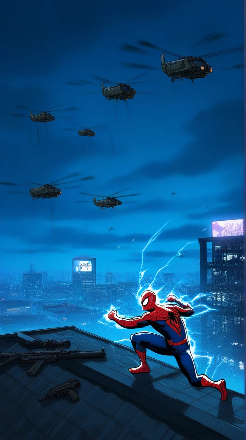 "Cinematic comic book-style action scene focusing on Spider-Man in his ...