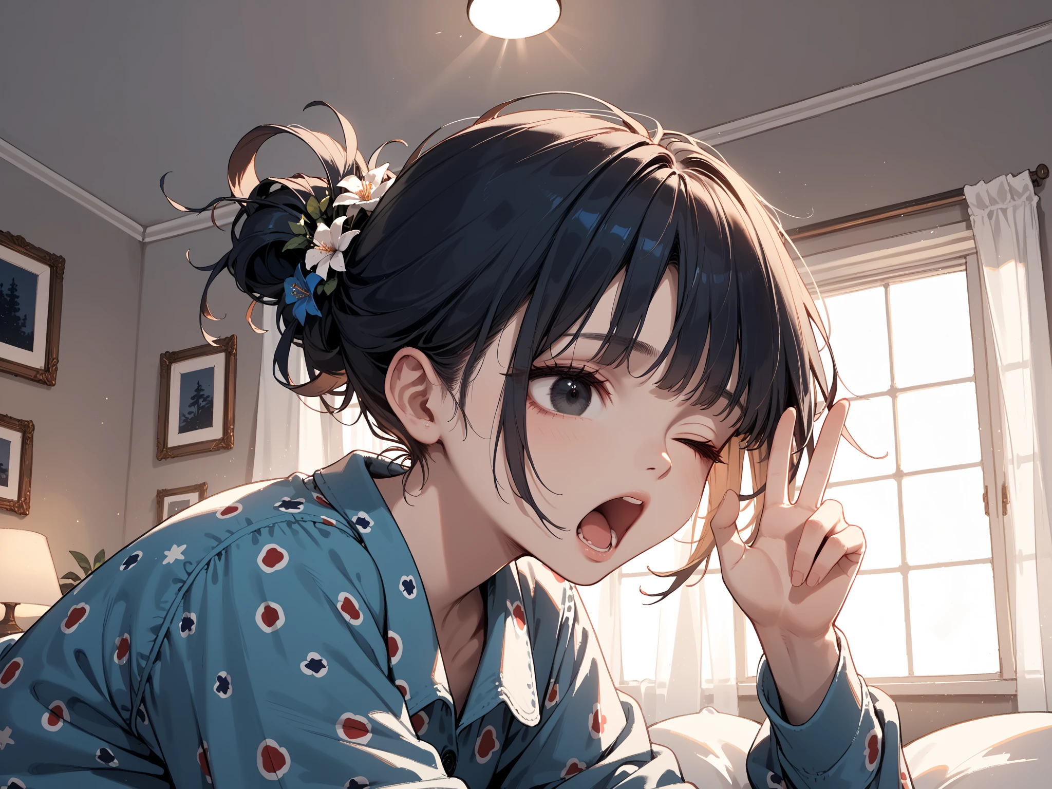Anime style, high school girl with a short cut that fills up to her ...