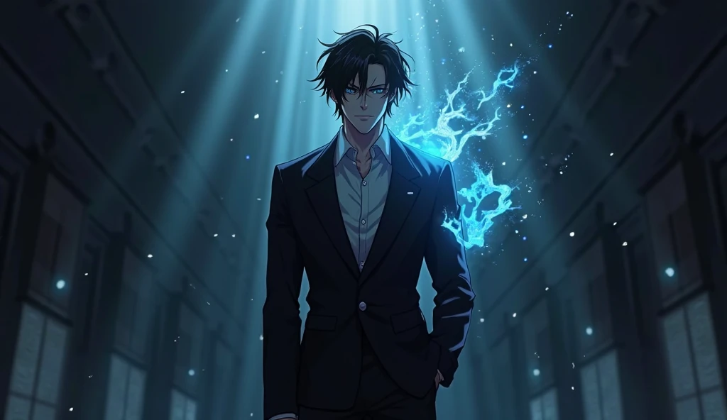 "Design a dark anime-style male character stand up confidently in a ...