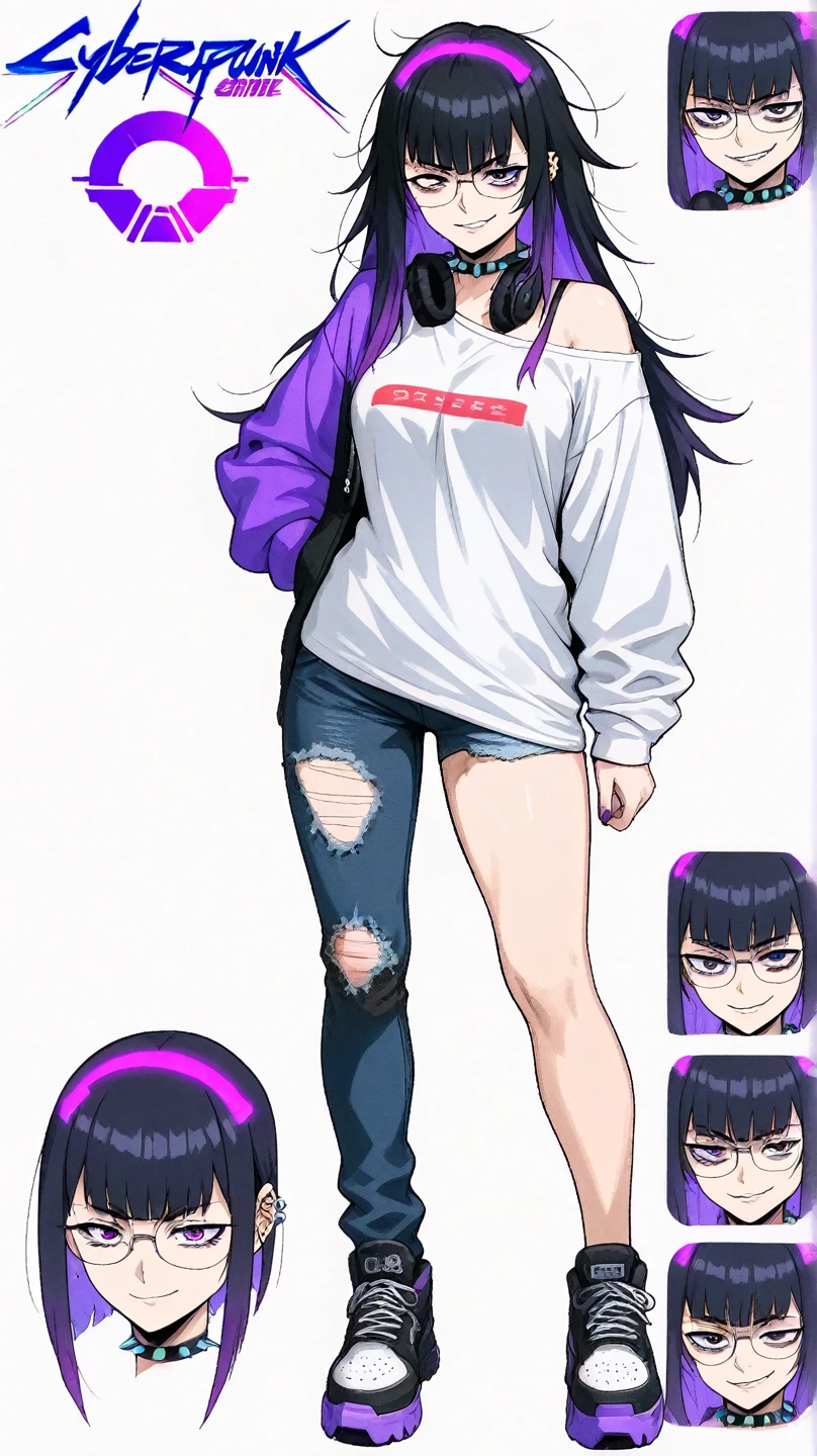Anime Style, cyberpunk hacker girl, long black hair with purple mesh ...