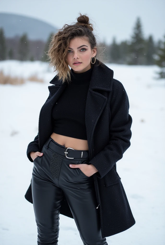 Camren Bicondova,winter jacket, midriff turtleneck sweater, black ...