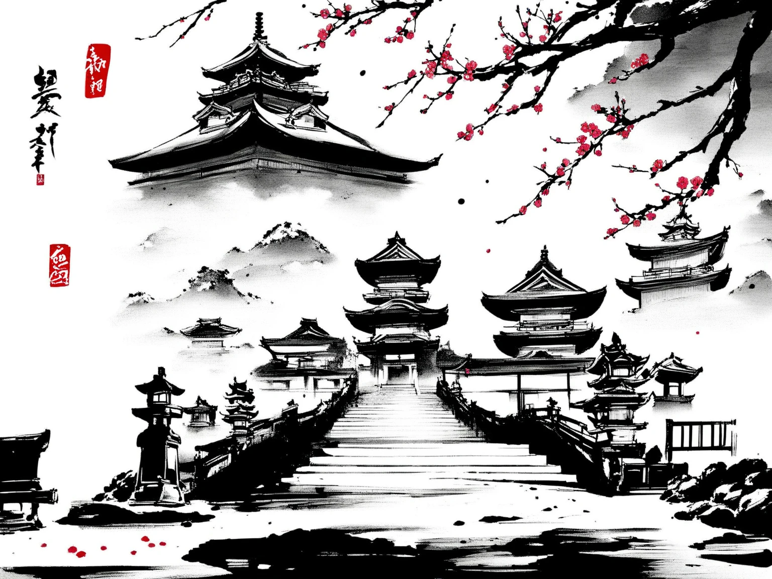 A serene ink wash painting of an ancient Japanese temple surrounded by ...