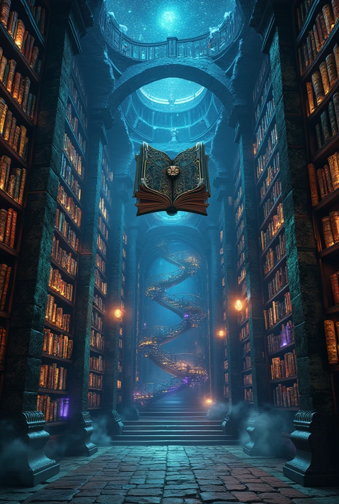 A breathtakingly mysterious magical library, glowing with an eerie yet enchantin - SeaArt AI