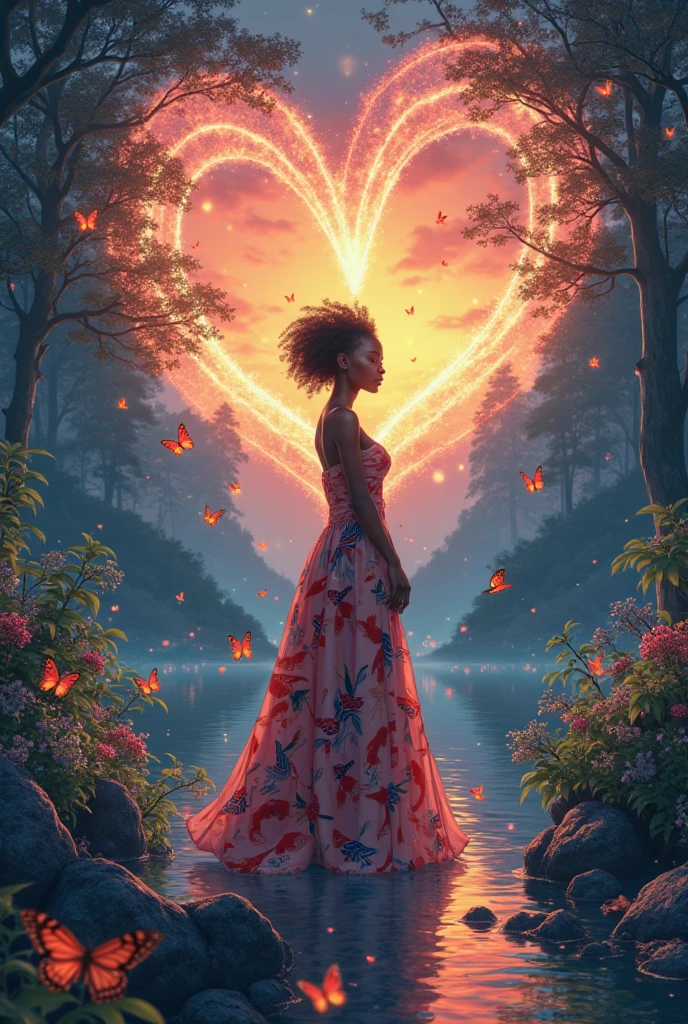 Afro anime art of a beautiful Black woman in a flowing dress adorned ...