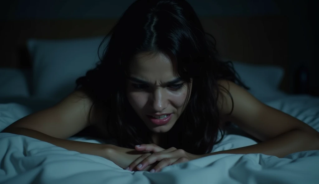 a 25 year old Indian woman is lying down in bed looking terrified at night - SeaArt AI