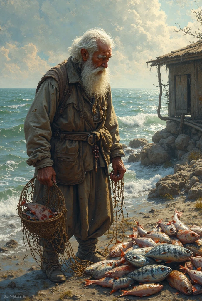 Beautiful frame , old man by the sea, Fish, you can see the hut - SeaArt AI