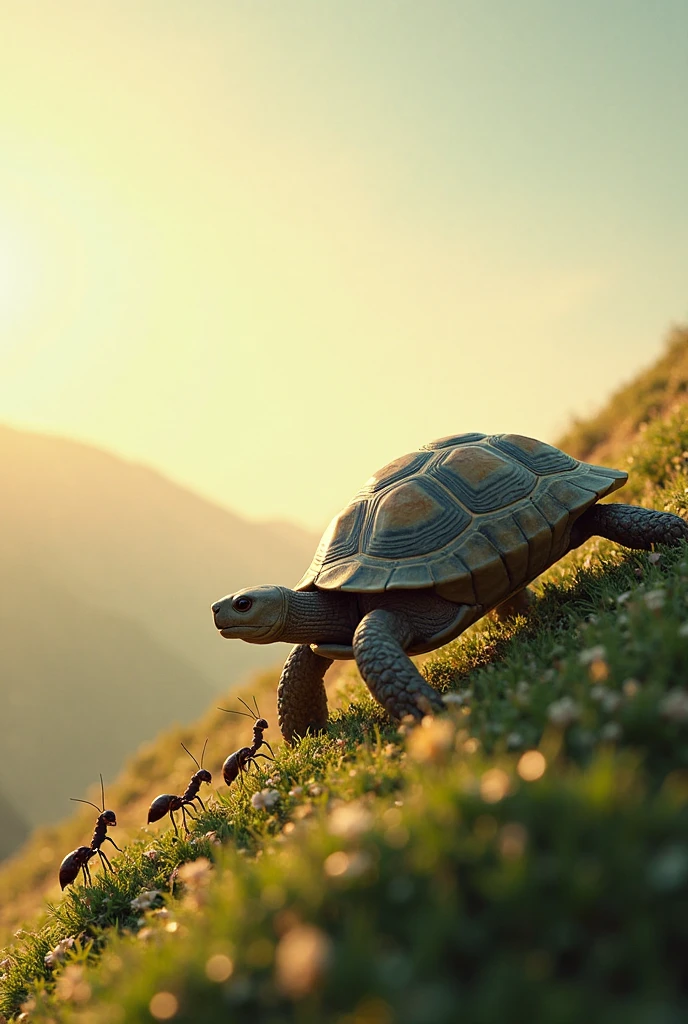 Several ants push from behind while the tortoise slowly climbs the hill ...