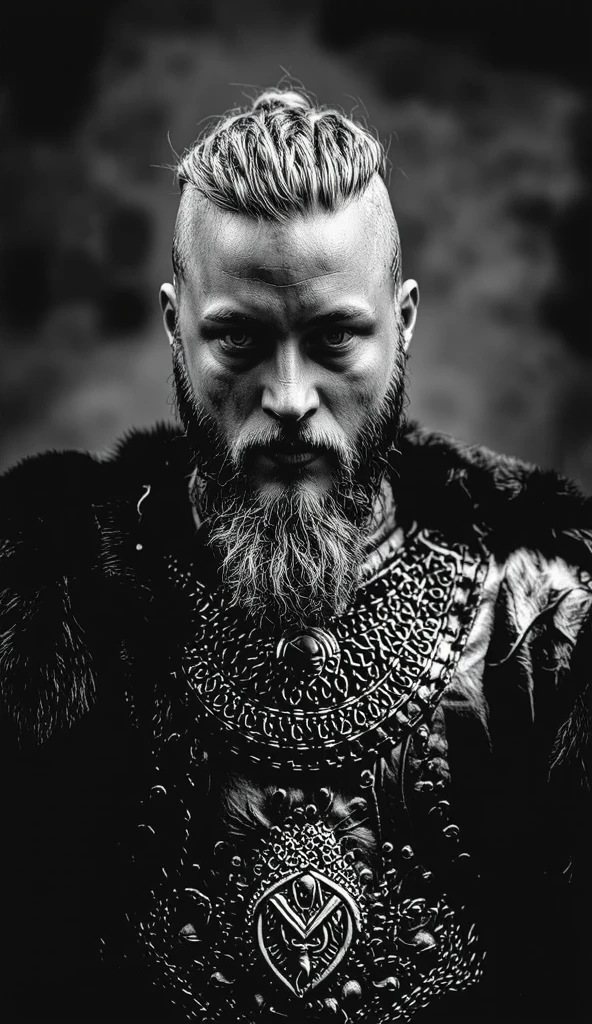 A highly realistic monochrome photograph of a fierce-looking Viking ...