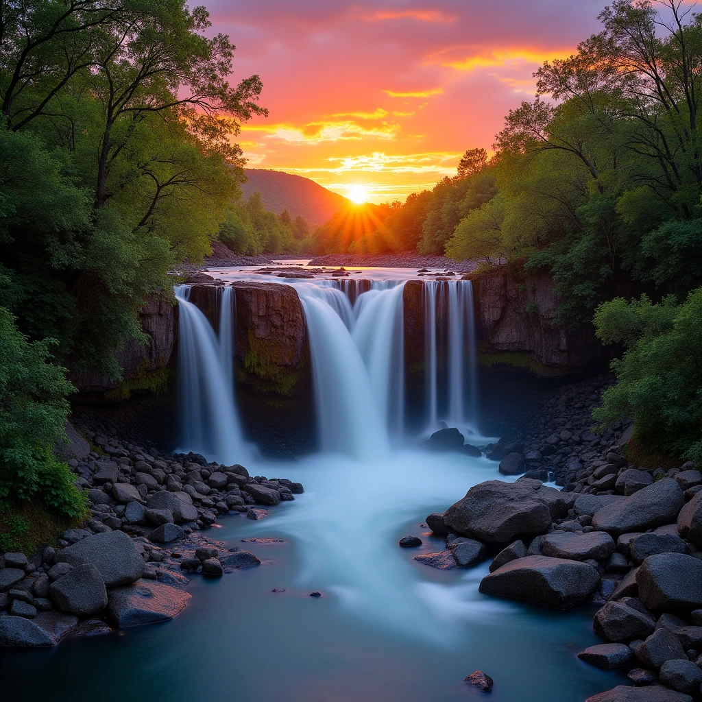 Sunset over a serene waterfall, Vibrant Colors, Warm sunshine with warm ...