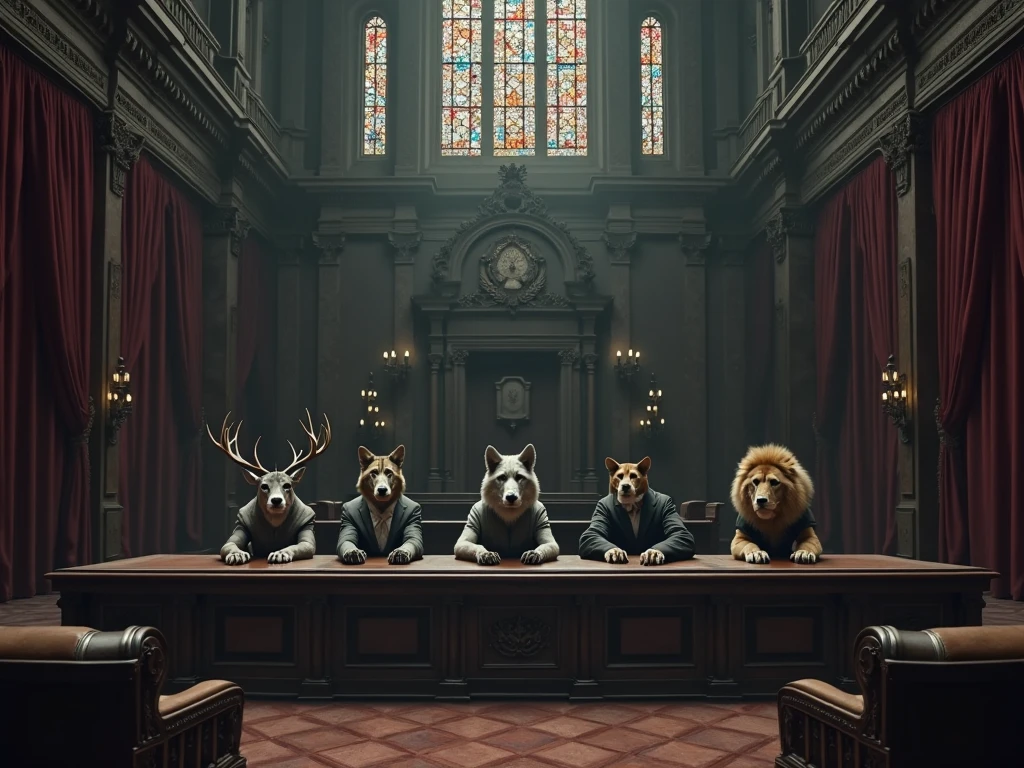 A dark and chaotic courtroom dominated by baroque architecture - SeaArt AI
