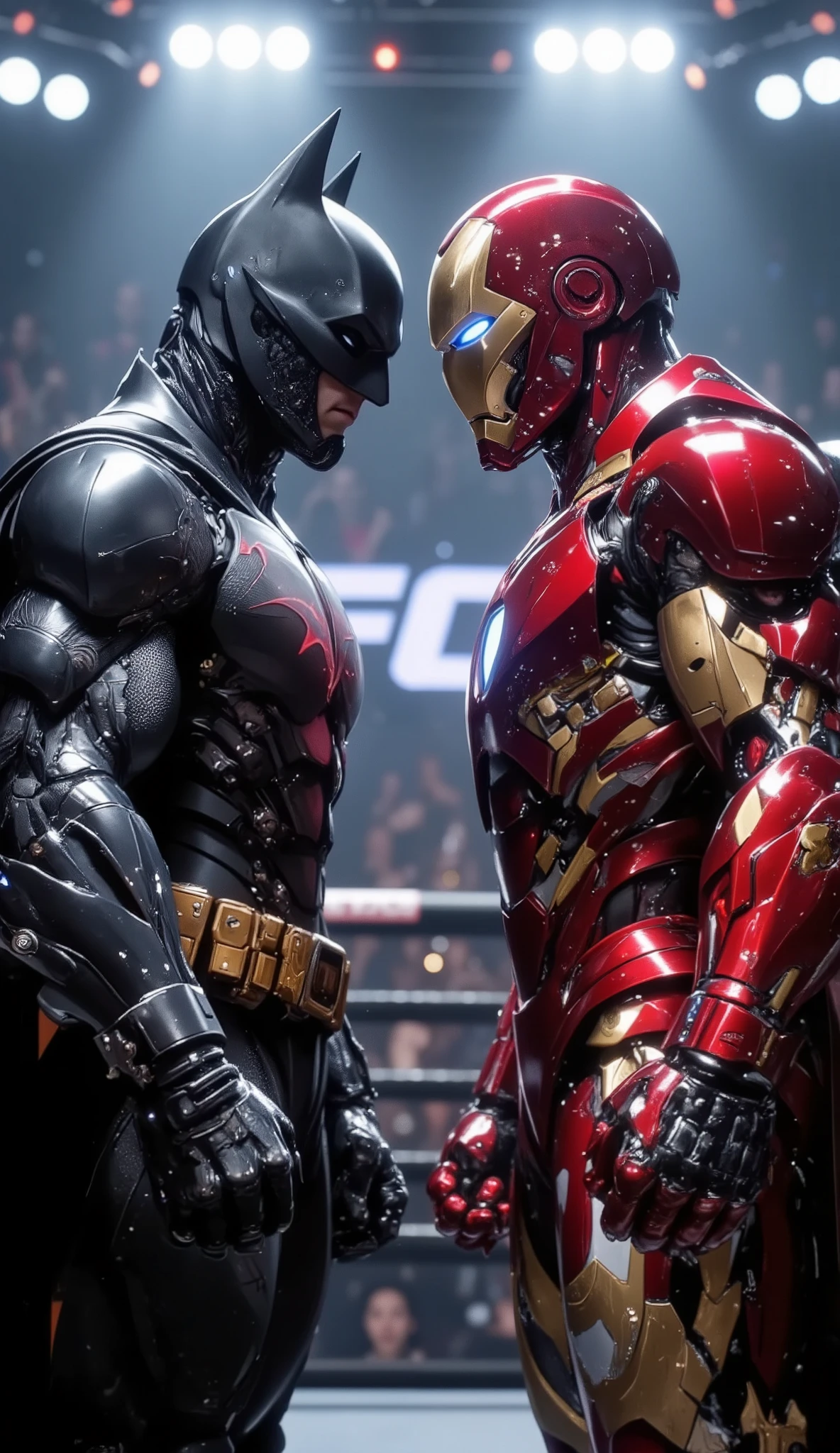 A highly detailed, ultra-realistic cinematic image of Batman and Iron ...
