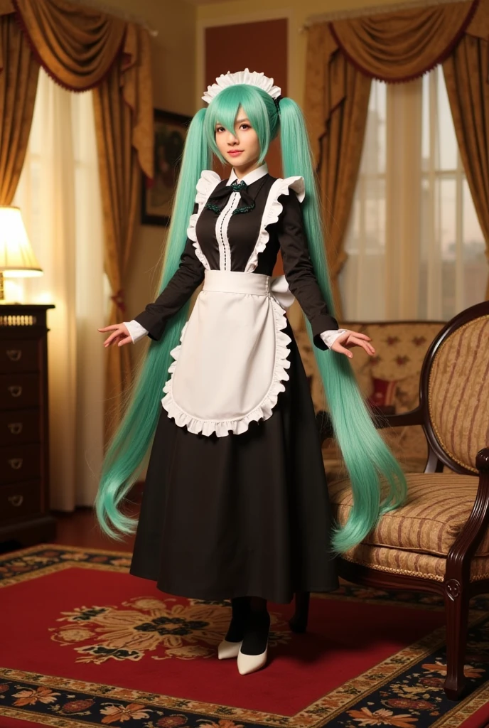 Hatsune Miku, dressed in a Victorian-inspired maid costume, stands ...