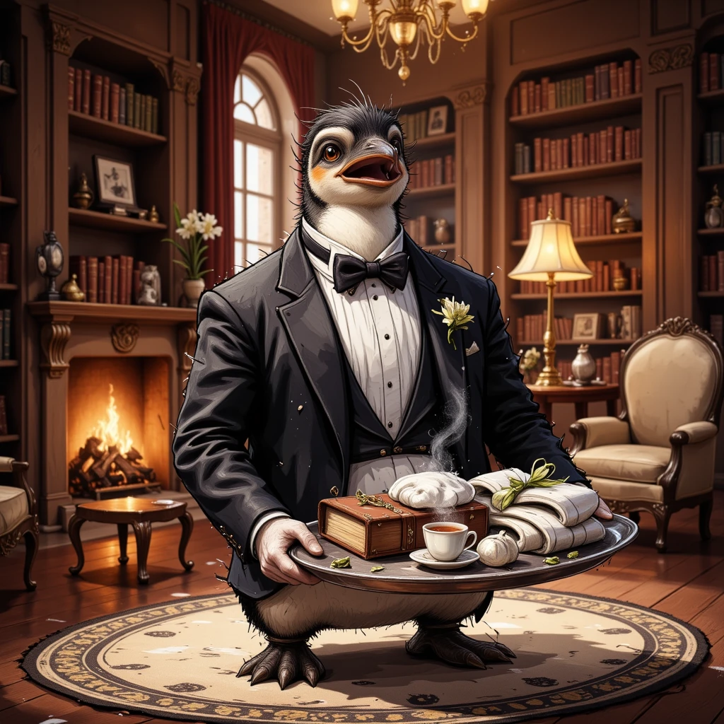 A very elegant and kind anthropomorphic penguin, wearing a flawless ...