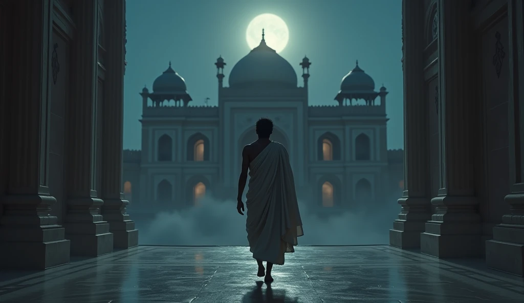 A noble Indian man in simple robes quietly walking out of a grand ...