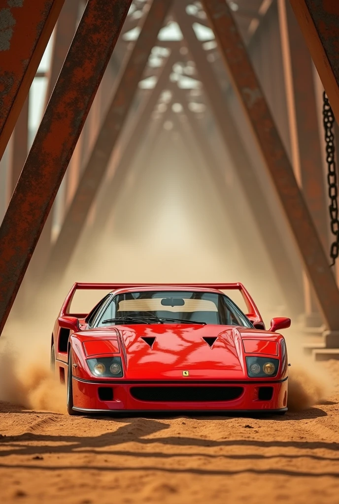 A scarlet Ferrari F40 hunkers under a lattice of twisted steel I ...