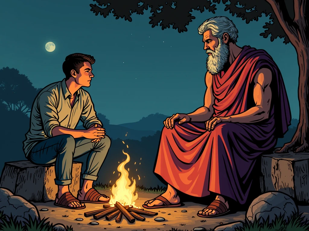 A comic-style scene showing a powerful interaction: a modern man ...