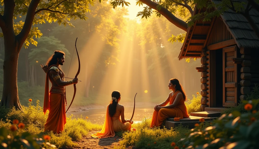 %Subj: Ram & Lakshman with bows, Sita seated near hut, serene - SeaArt AI