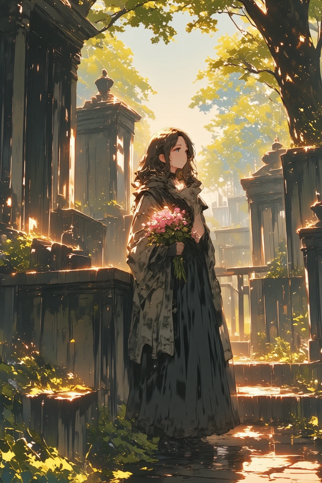 Whispering-light, a graceful woman in a dark gothic mourning dress with ...